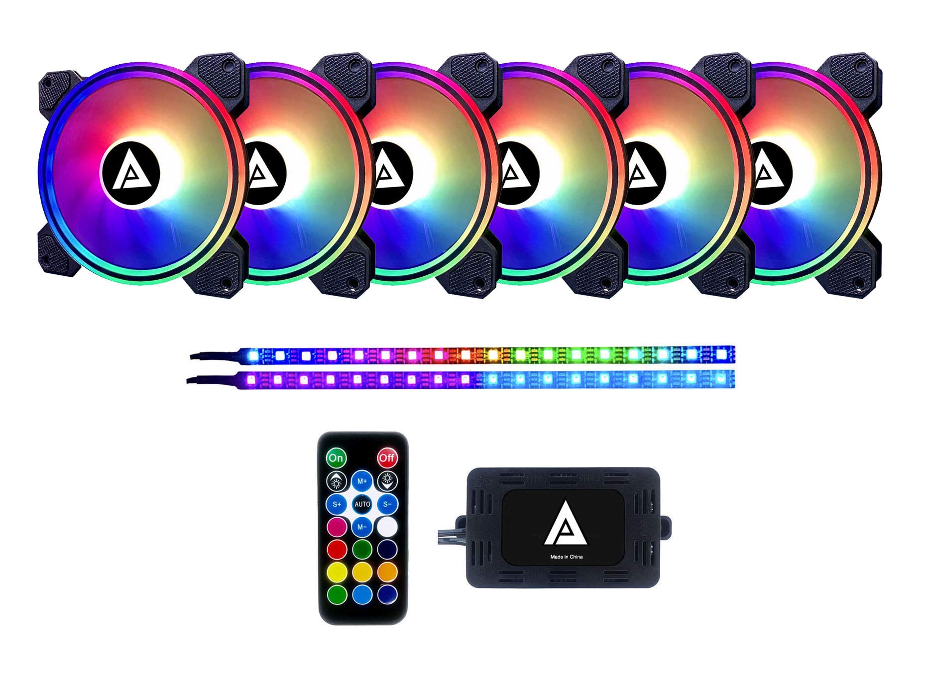 Apevia ET62-RGB Electro 120mm Silent RGB Color Changing LED Fan with Remote Control, 28x LEDs & 8X Anti-Vibration Rubber Pads w/ 2 Magnetic RGB Color LED Strips (6+2-pk)