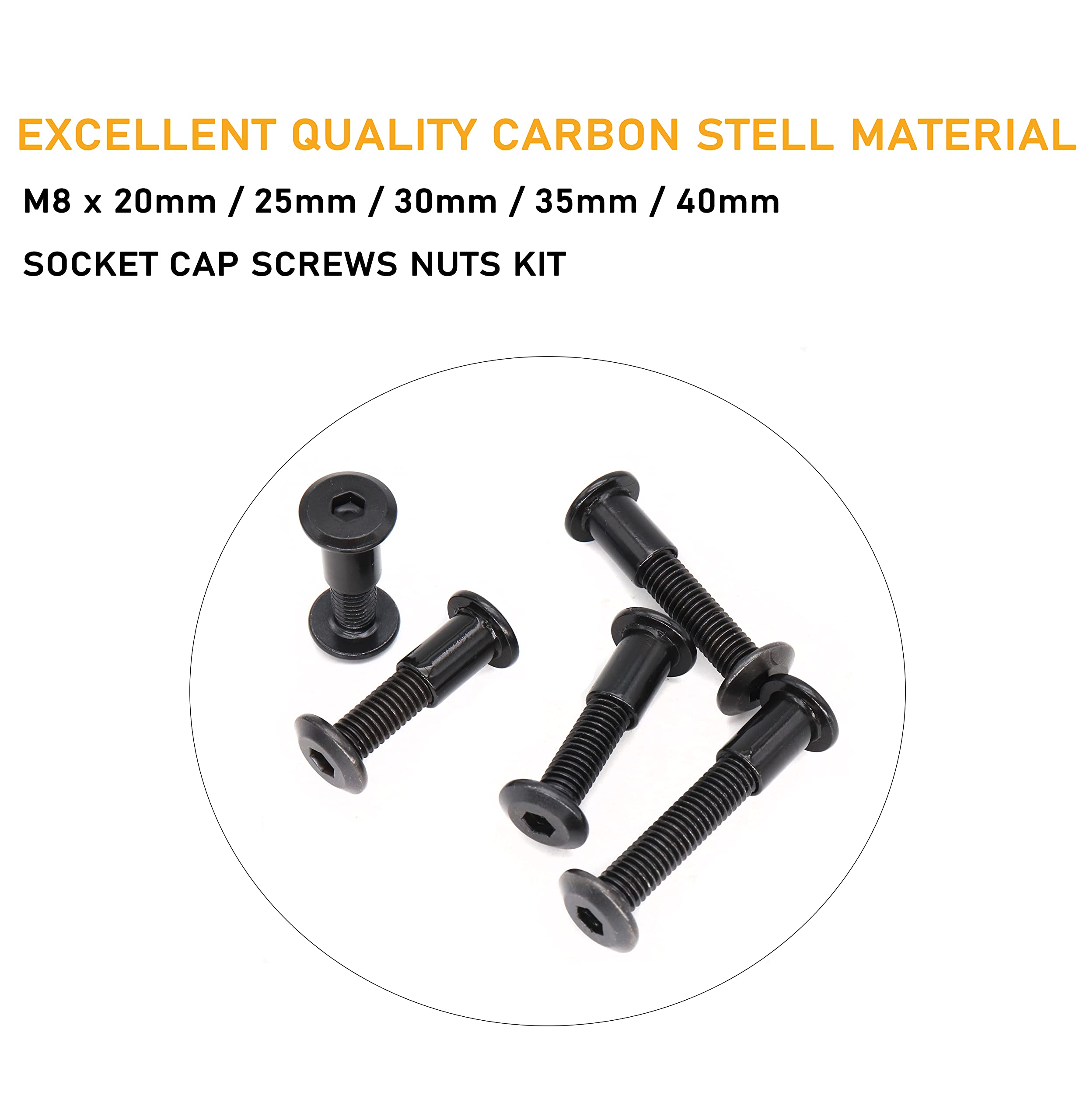 binifiMux 50pcs Black M8 Countersunk Rivet Socket Cap Connecting Bolts Cap Nuts Assortment Kit, M8 x 20mm/25mm/30mm/35mm/40mm