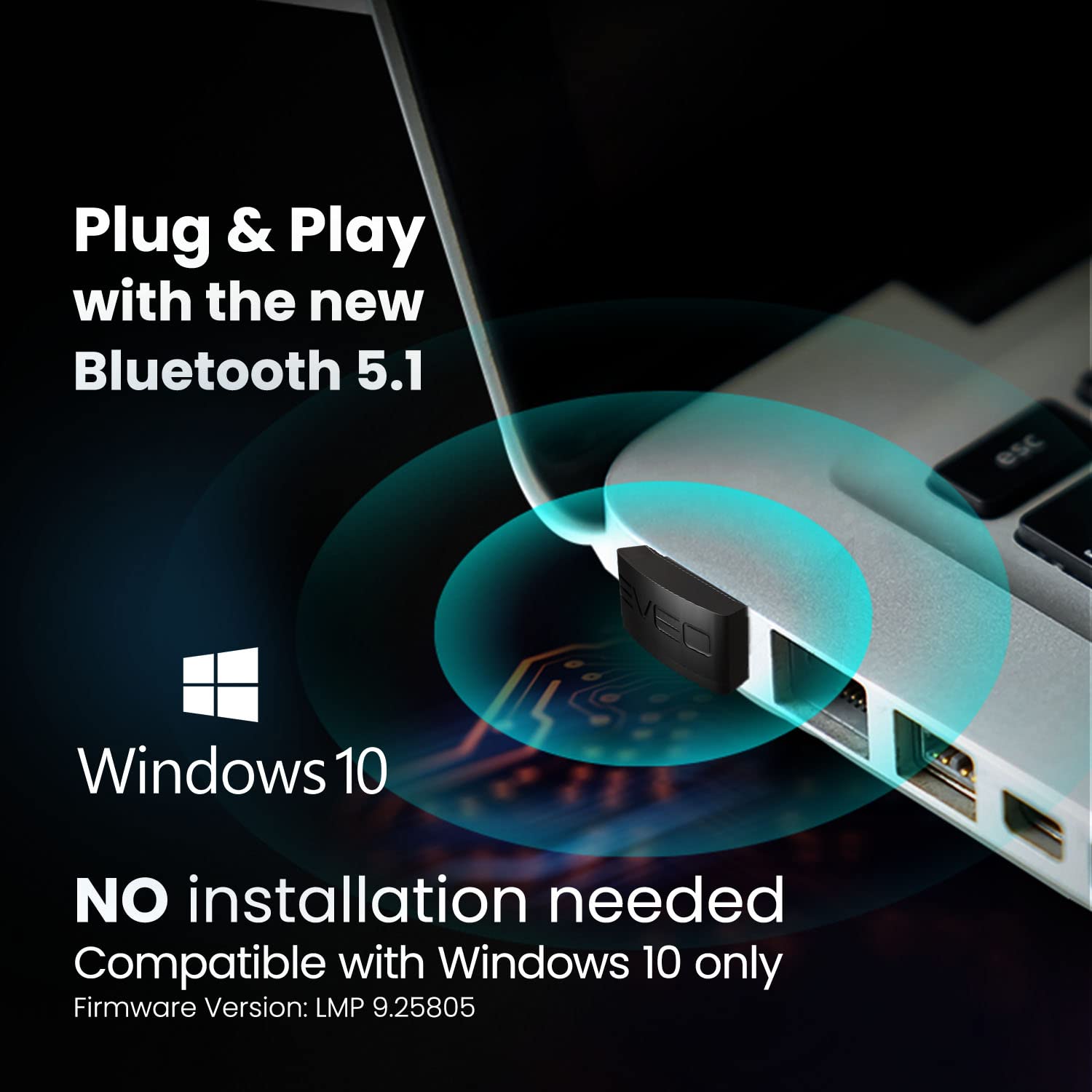 EVEO Bluetooth Adapter for PC - Plug & Play 5.1 USB Bluetooth Adapter for PC for Windows 11/10 | Bluetooth Dongle for PC for Keyboard/Mouse/Headphone/Speaker/Printer - Nano Design Bluetooth PC Adapter