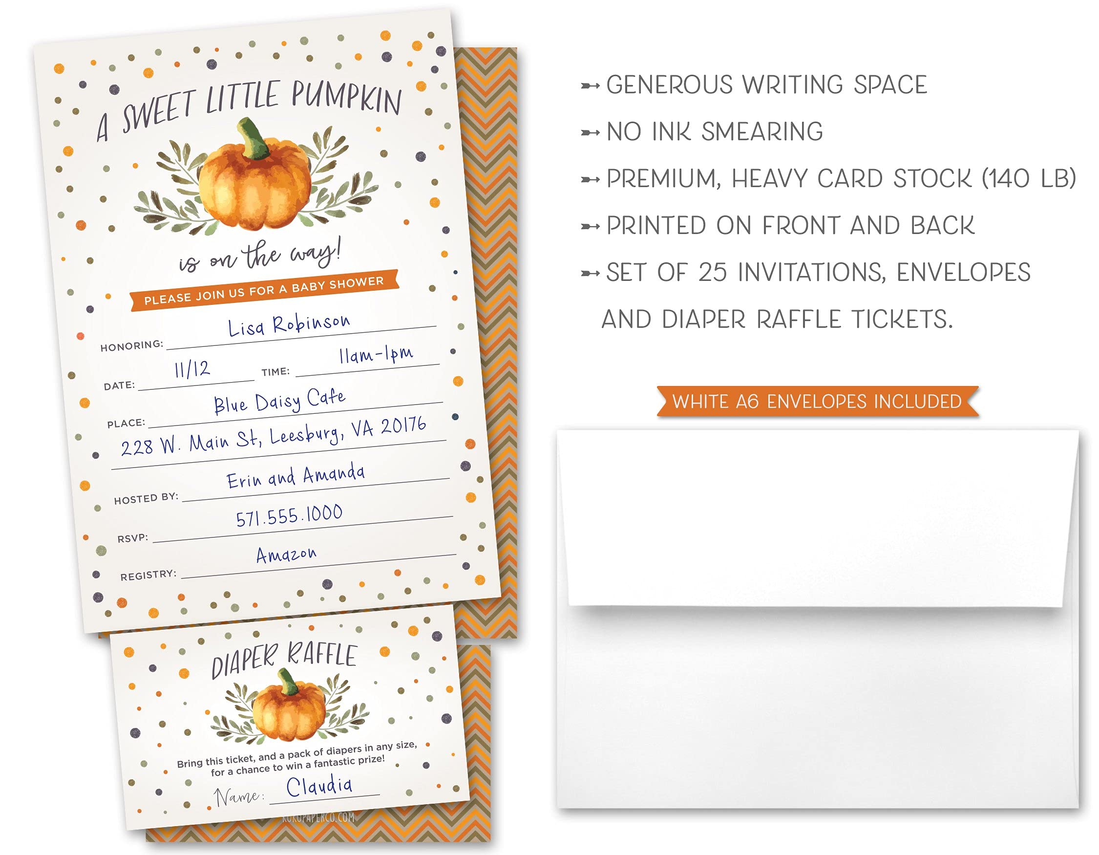 Koko Paper Co Little Pumpkin Baby Shower Invitations, Diaper Raffle Tickets and Matching Thank You Cards | 75 Sets | 125 Pcs Total