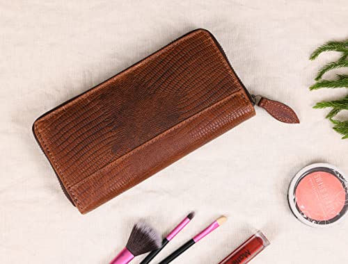 Aaron Leather Goods Women's RFID Blocking Large Capacity Leather Wallet Zip Around Phone Clutch Large Travel Purse Wristlet (Walnut)