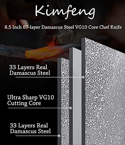 Kimfeng Handmade 8.5 inch Damascus Chef knife Kitchen Knife VG10 Core Steel 67-layer Stainless Steel Professional Forging Chef Knives Corrosion Resistance