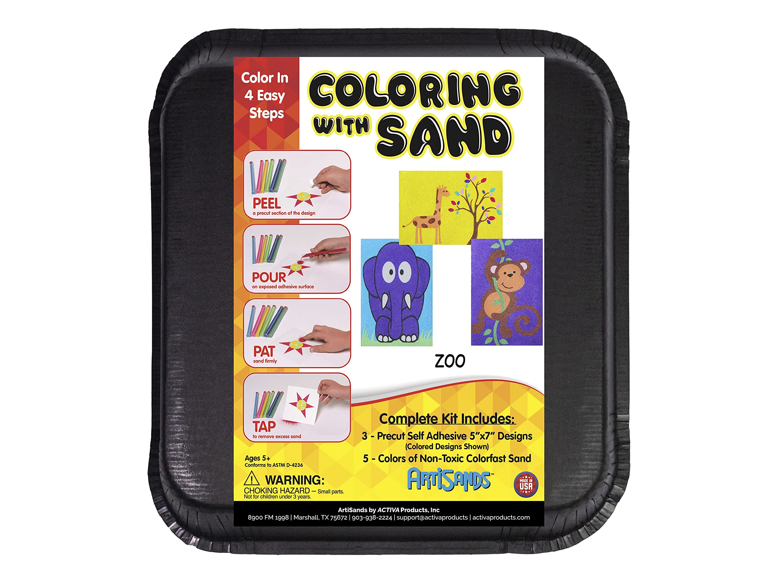 Activa ArtiSands Zoo Animals Sand Art Board Craft Kit, 3 Designs & 5 Sand Colors | No Scissors, No Glue, No Mess!