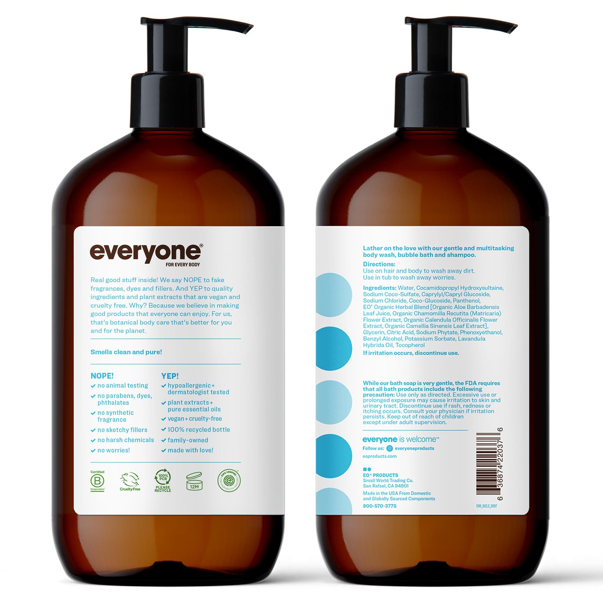 Everyone 3-in-1 Soap, Body Wash, Bubble Bath, Shampoo, 32 Ounce (Pack of 2), Unscented, Coconut Cleanser with Plant Extracts and Pure Essential Oils