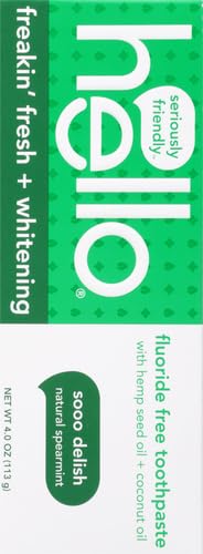 Hello Vegan Fluoride Free Toothpaste, Super Fresh Spearmint, Naturally Whitening Toothpaste, Hemp Seed Oil + Coconut Oil, Helps Remove Plaque, No SLS/Sulfates, 4 Ounce