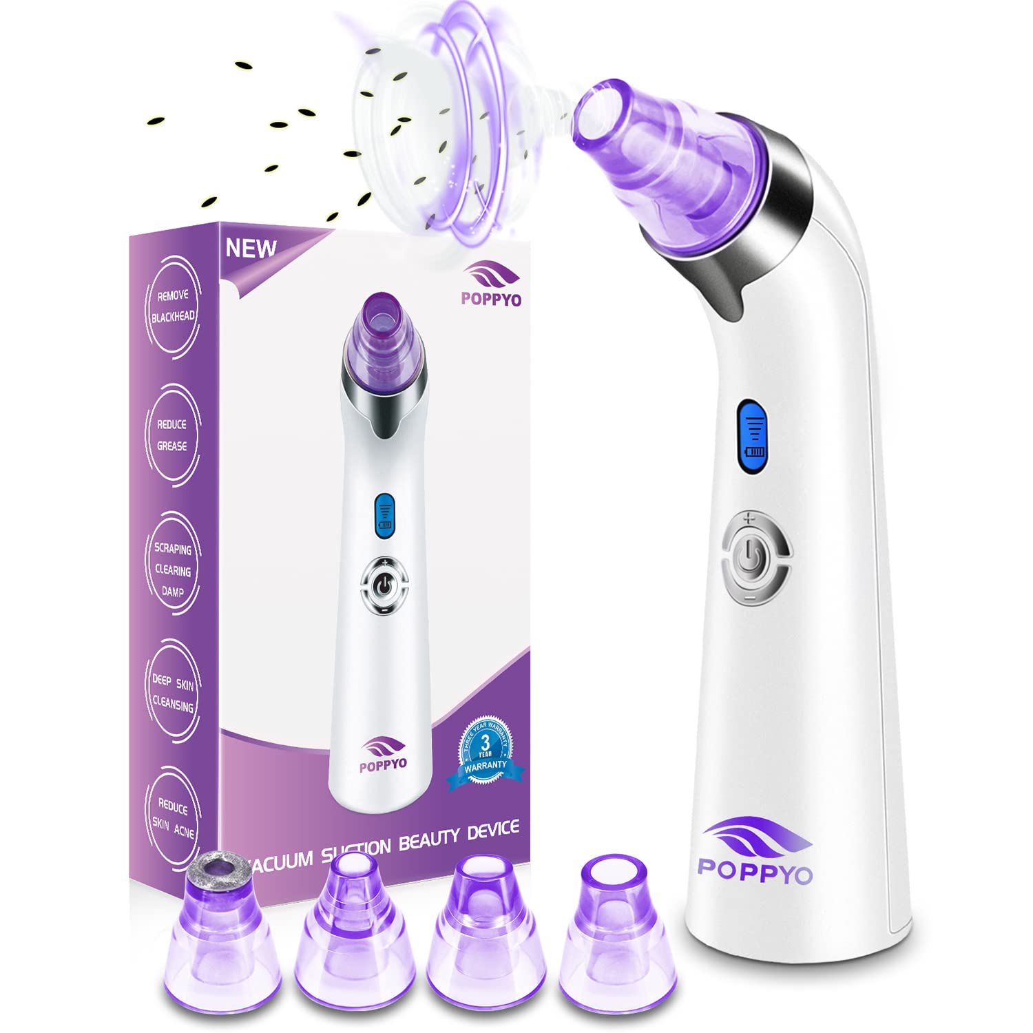 Blackhead Remover, POPPYO Blackhead Vacuum, Electric Facial Vacuum Cleaner, Pore Vacuum Extractor Tool, Comedo Removal Beauty Suction Device for Women(Purple)