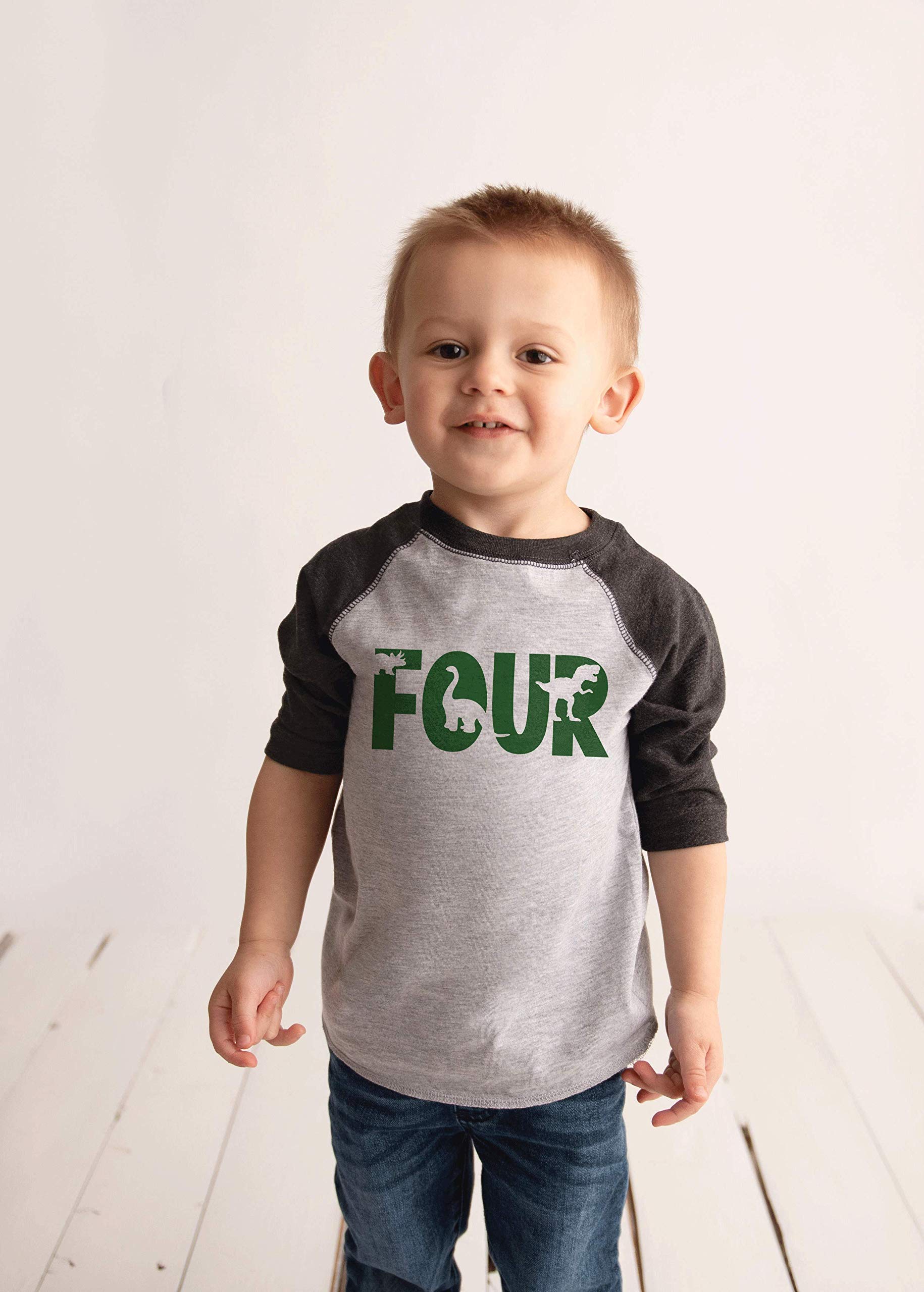 7 ate 9 Apparel Four 4 Fourth 4th Birthday Dino Dinosaur Grey Baseball Shirt T-Shirt 4T