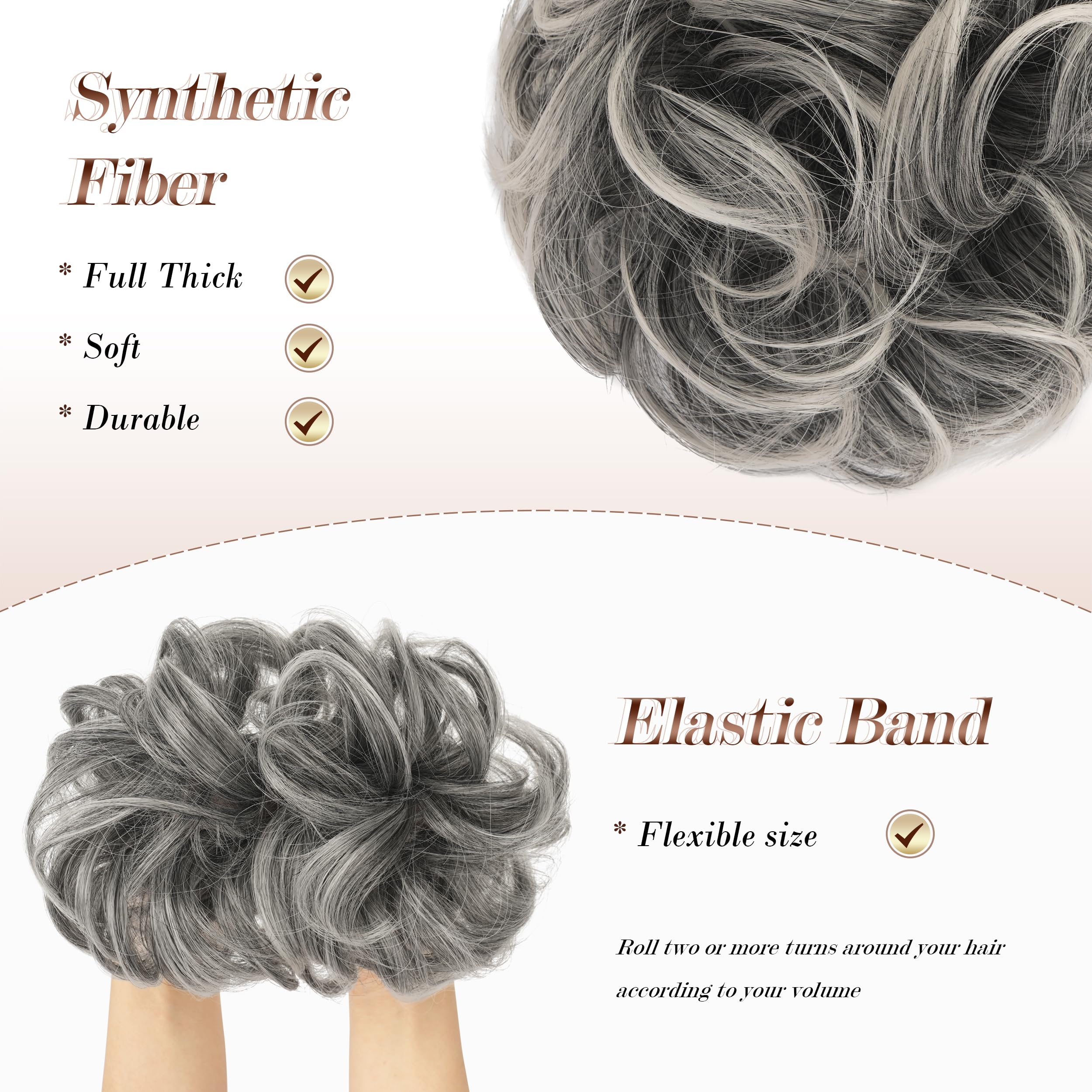 FESHFEN Messy Bun Hair Piece - Large Wavy Curly Elastic Hair Bun Scrunchies Ponytail Extensions Synthetic Chignon Hairpieces for Women, Gray and White Tips 1.94oz