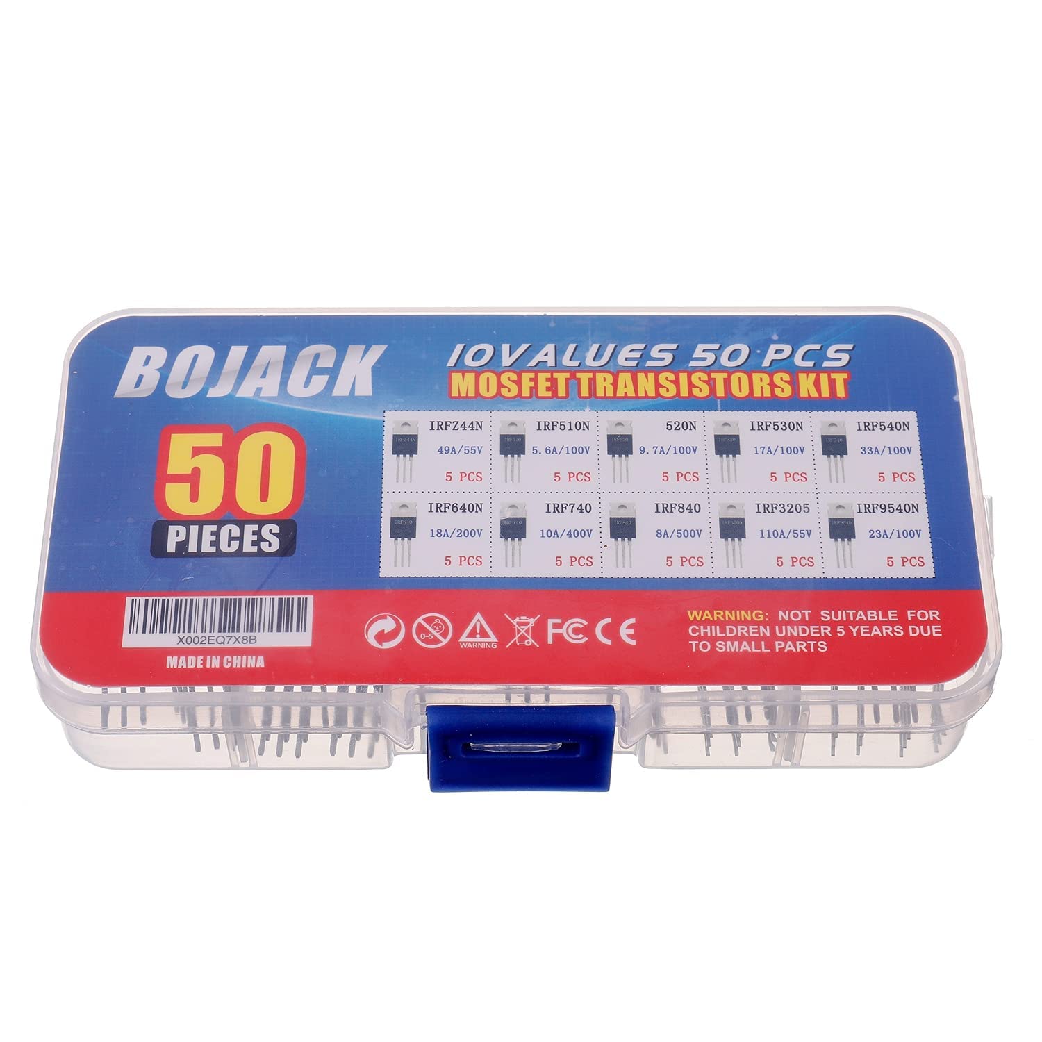 BOJACK 10 Values 50 Pcs IRFZ44N IRF510N IRF530N IRF540N IRF640N IRF740 IRF840 IRF3205 IRF9540 IRF Series transistors MOSFET Assortment Kit