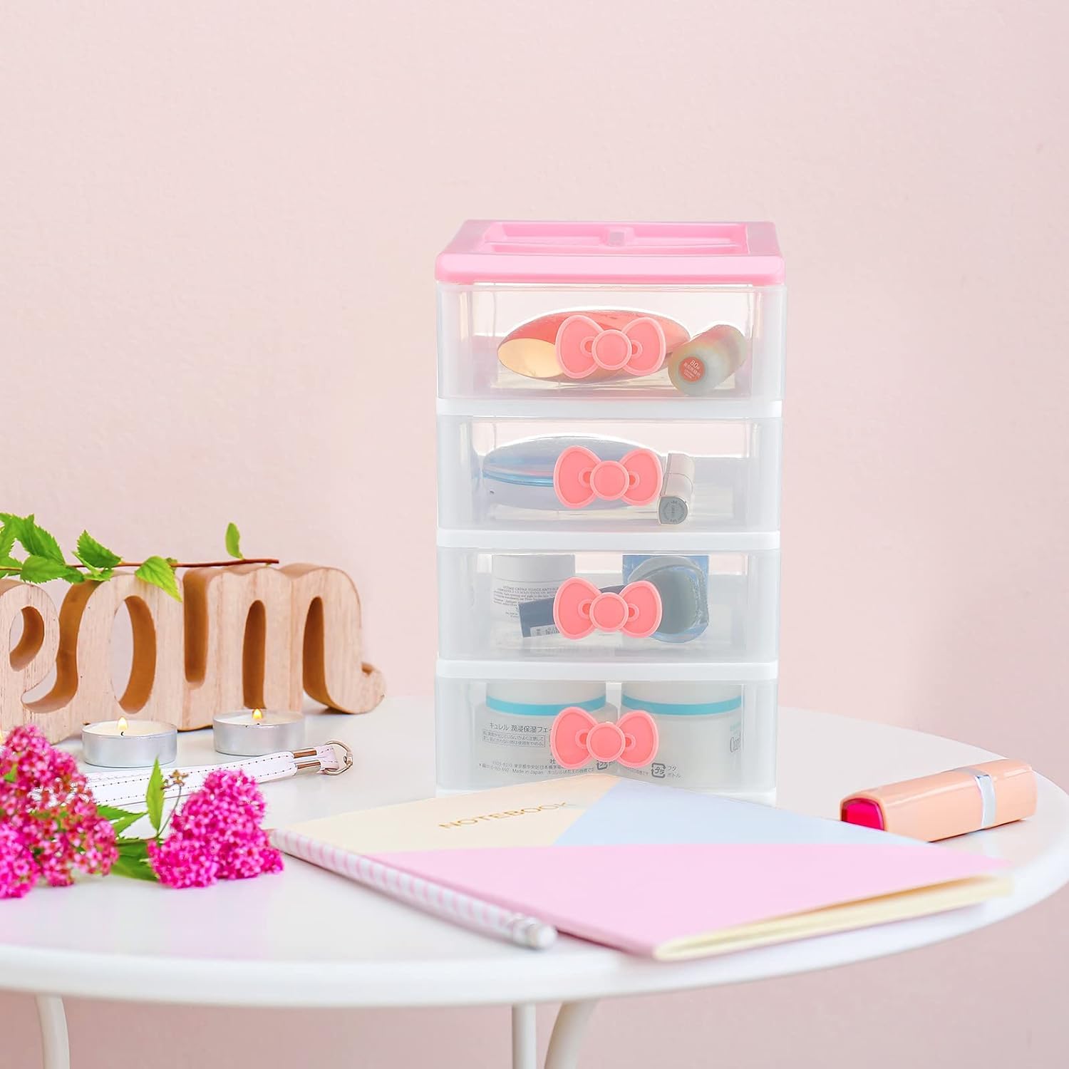 WQURC Lovely Girls Receiving Storage Cabinets Box Room Desktop Makeup Organizer With Four-tier Desk Receiving Drawers N Pink Bowknot (1)