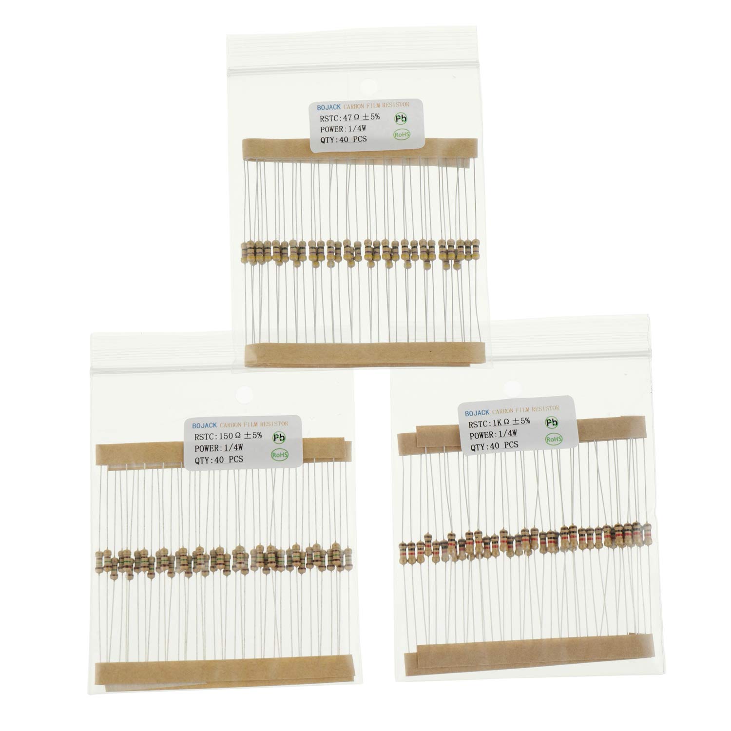 BOJACK 1000 Pcs 25 Values Resistor Kit 1 Ohm-1M Ohm with 5% 1/4W Carbon Film Resistors Assortment