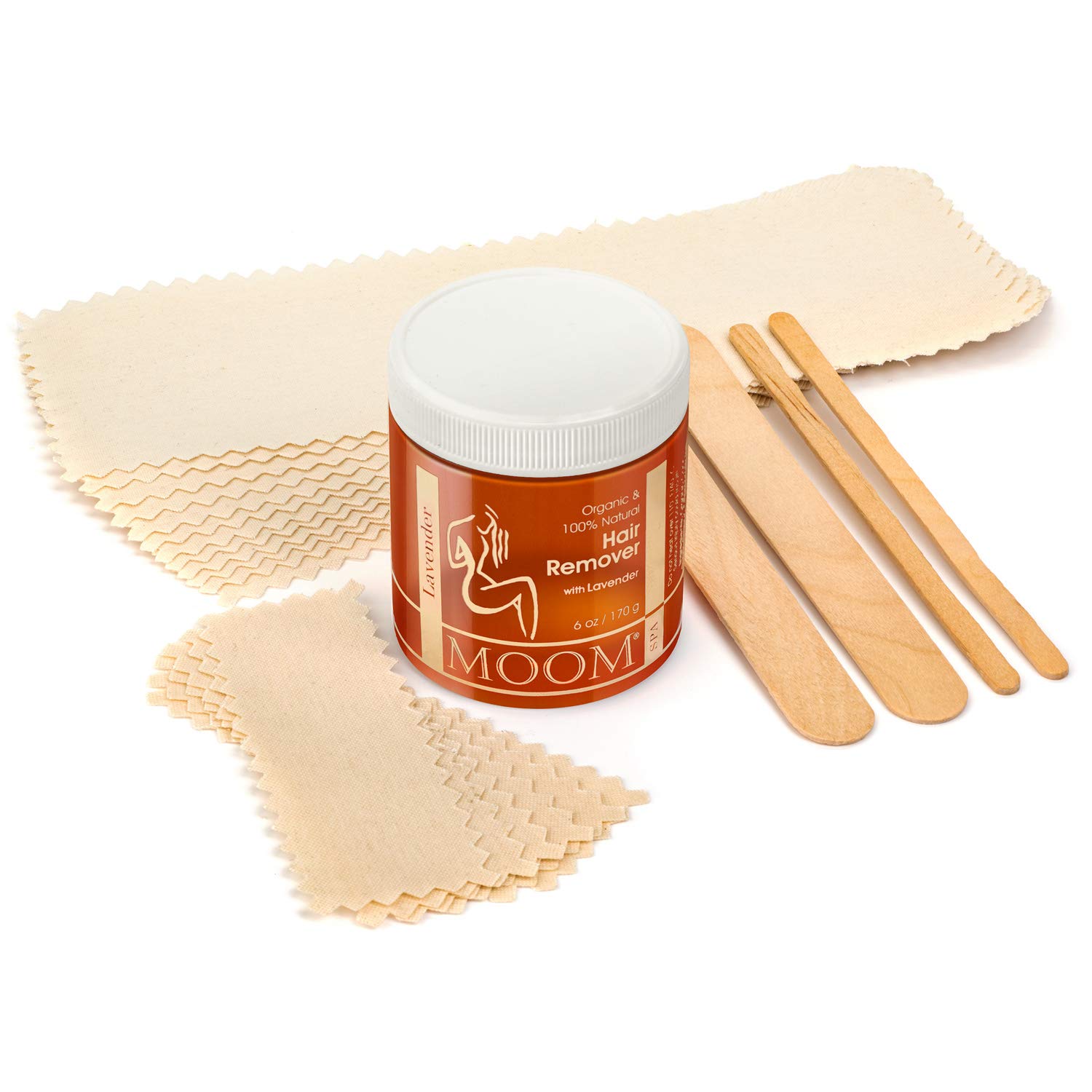 MOOM Organic Sugar Waxing Kit with Lavender & Chamomile - Natural Sugar Hair Removal Glaze with 18 Hair Wax Strips & 4 Applicator Sticks for Face & Body 6 oz.1 Pack