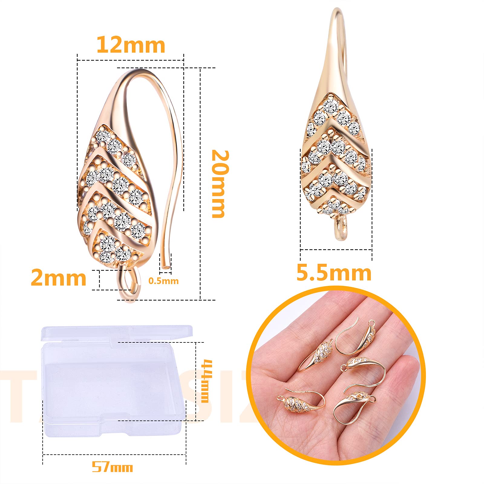 10pcs 14K Gold Cubic Zirconia Earring Hooks Brass French Fish Hooks Ear Wires with Loop Hole Dangle Earrings Connectors with a Plastic Box for Girls Women DIY Jewelry Making