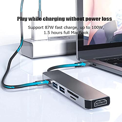 USB C Hub, 6-in-1 Type C Adapter Mini Docking Station with 4K HDMI, 2 USB 3.0 Ports, SD/TF Card Reader, 65W Power Supply Compatible with iPad Pro/MacBook/Type C Devices (USB-C-6 in 1)