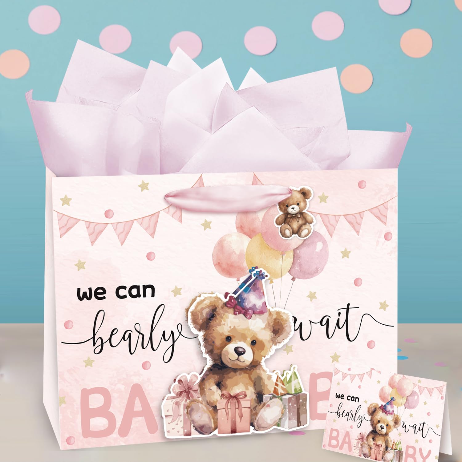 16" Large Baby Girl Gift Bag, 3D Making Pink Bear Baby Gift Bag with Handle, Tissue Paper and Greeting Card