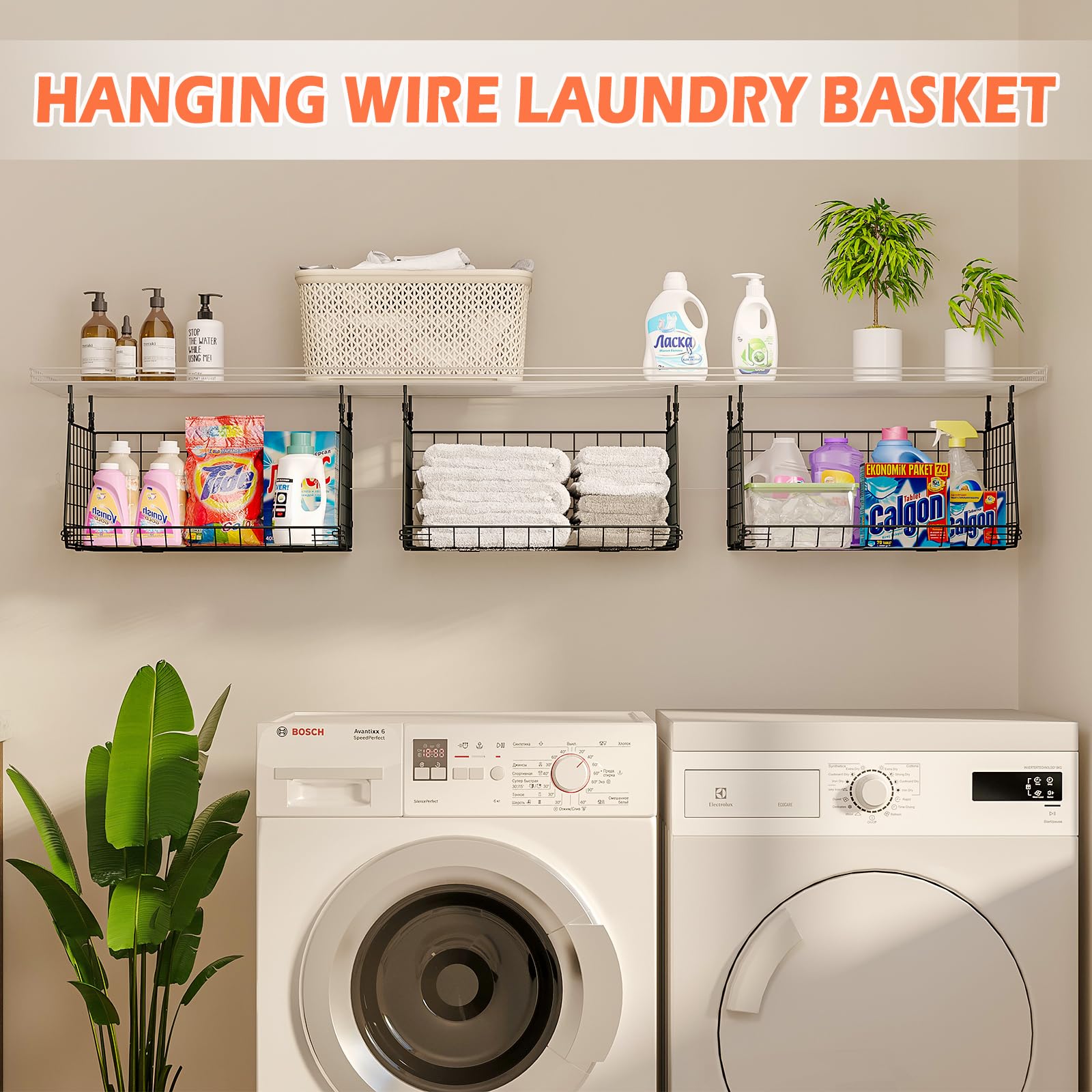 3-Pack Hanging Laundry Room Organizaton:Foldable Laundry Room Organizer Wire Shelf Basket with 360°Rotating Hooks Space Saving Over Washer and Dryer Shelves - Laundry Organization and Storage, Black