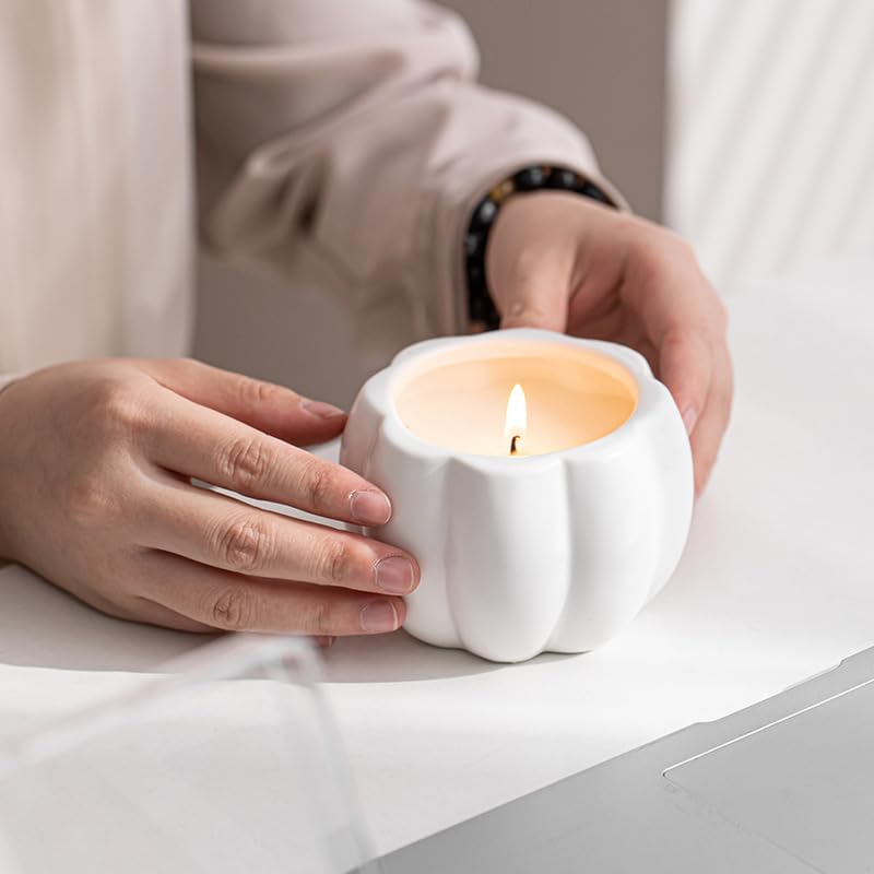 123Arts Ceramic Pumpkin Candle Holder with Lid, Halloween Decorative Ornament,Without Candle