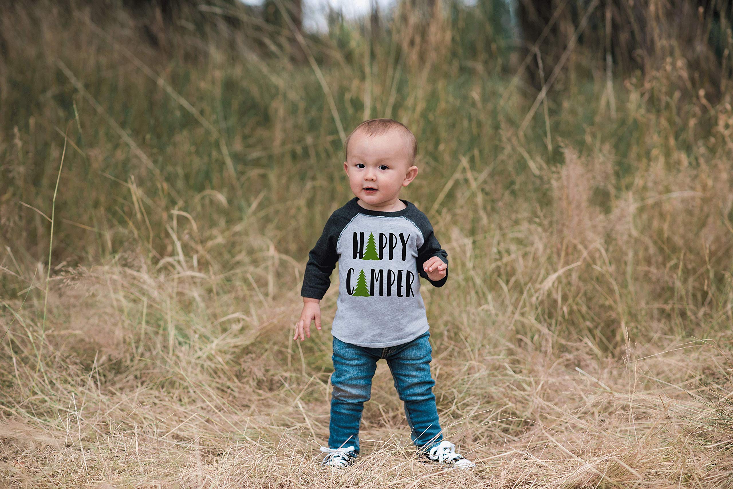 7 ate 9 Apparel Unisex Happy Camper Outdoors Raglan Tee 12 Months Grey