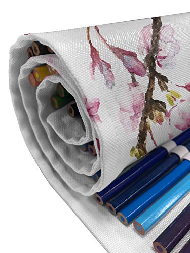 Ambesonne Cherry Blossom Roll Up Pencil Holder, Watercolor Style Oriental Pattern with Sakura Branch, Painting Drawing Pencils Case for Artists Students, 72 Loops, Hot Pink Green Brown