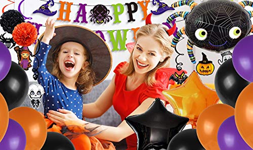 Halloween Party Decorations Kit, Happy Banner, Latex Balloons are Printed with Patterns, Hanging Swirls, Paper Garlands Home Party Halloween Decoration Supplies(48 Pack )