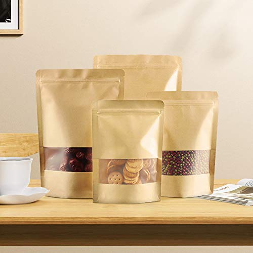FireKylin 100 Pcs Resealable Bags,3.5" x 5.5" Stand Up Kraft Paper Bags with Matte Window, Zip Lock Food Storage Bags for Packaging Products, Reusable, Sealable