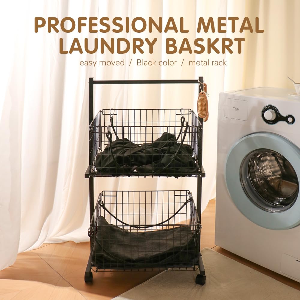2 baskets rolling laundry basket for garments storage, easy moved with wheels have brake, Laundry basket, white and black,rolling basket (BLACK)
