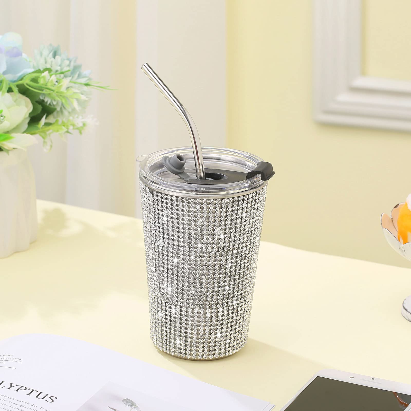 16 oz Bling Diamond Straw Cup Bling Rhinestone Stainless Steel Thermal Bottle Refillable Insulated Glitter Water Bottle 2 Pcs Blue Cup Brushes 6 Pcs Straw Brushes for Women Female Girls (Silver)