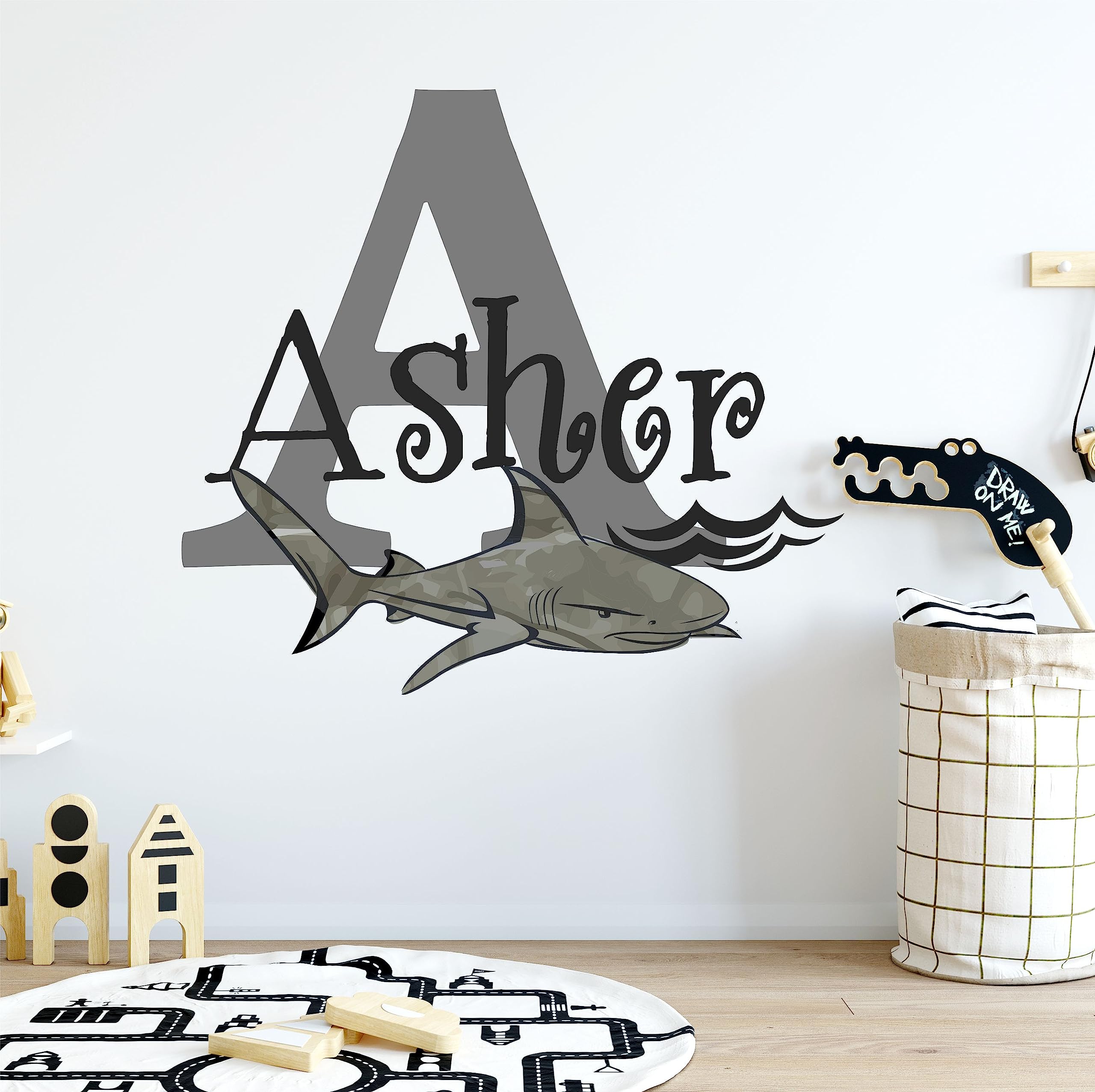 Boys Nursery Baby Shark Beach Sea Theme Personalized Custom Name and Initial Decal Vinyl Wall Decal Wall Decor Wall Sticker (Medium)