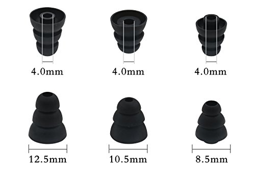 ALXCD Triple Flange Ear Tip, 6 Pairs S/M/L Size Triple Three Flange Noise Isolation Silicone Earbuds Tips with 4mm Connector Hole, Fit for Most in Ear Earphone (Black)[S/M/L]