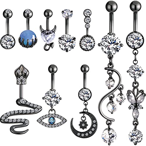 10pcs Belly Button Rings Stainless Steel Navel Rings Belly Button Jewelry Black Belly Ring Dangle Women's Body Piercing Barbells