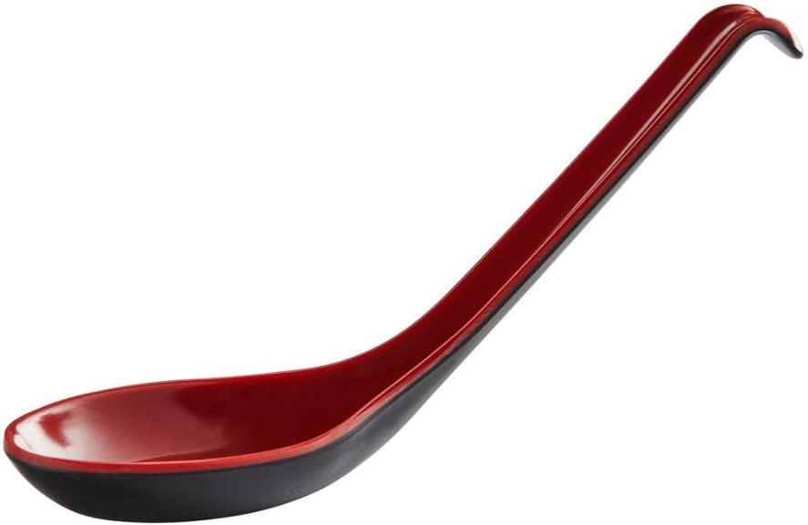 2 Pack - Red and Black 6.5-inch Asian Soup Spoon with Hookā Fuji Chinese Japanese Korean Style Spoon, Perfect for Melamine Won Ton Rice Pho Soba & Ramen Noodle Soups