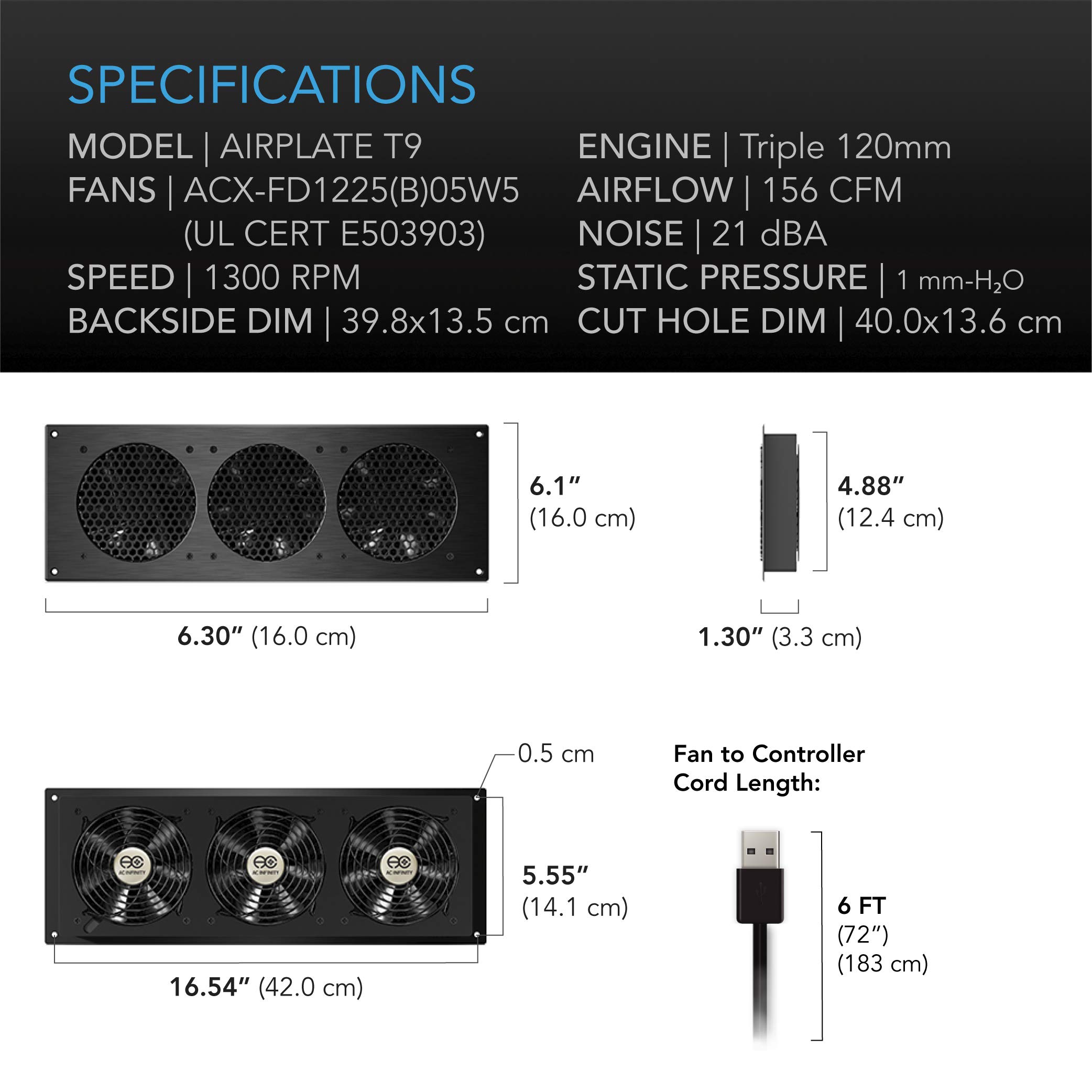 AC Infinity AIRPLATE T9, Quiet Cooling Fan System 18" with Thermostat Control, for Home Theater AV Cabinets