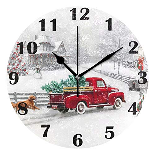 Pfrewn Winter Red Truck Dog Wall Clock Silent Non Ticking Snowman Snowflake Clocks Battery Operated Vintage Desk Clock 10 Inch Quartz Analog Quiet Bedroom Living Room Home Decor