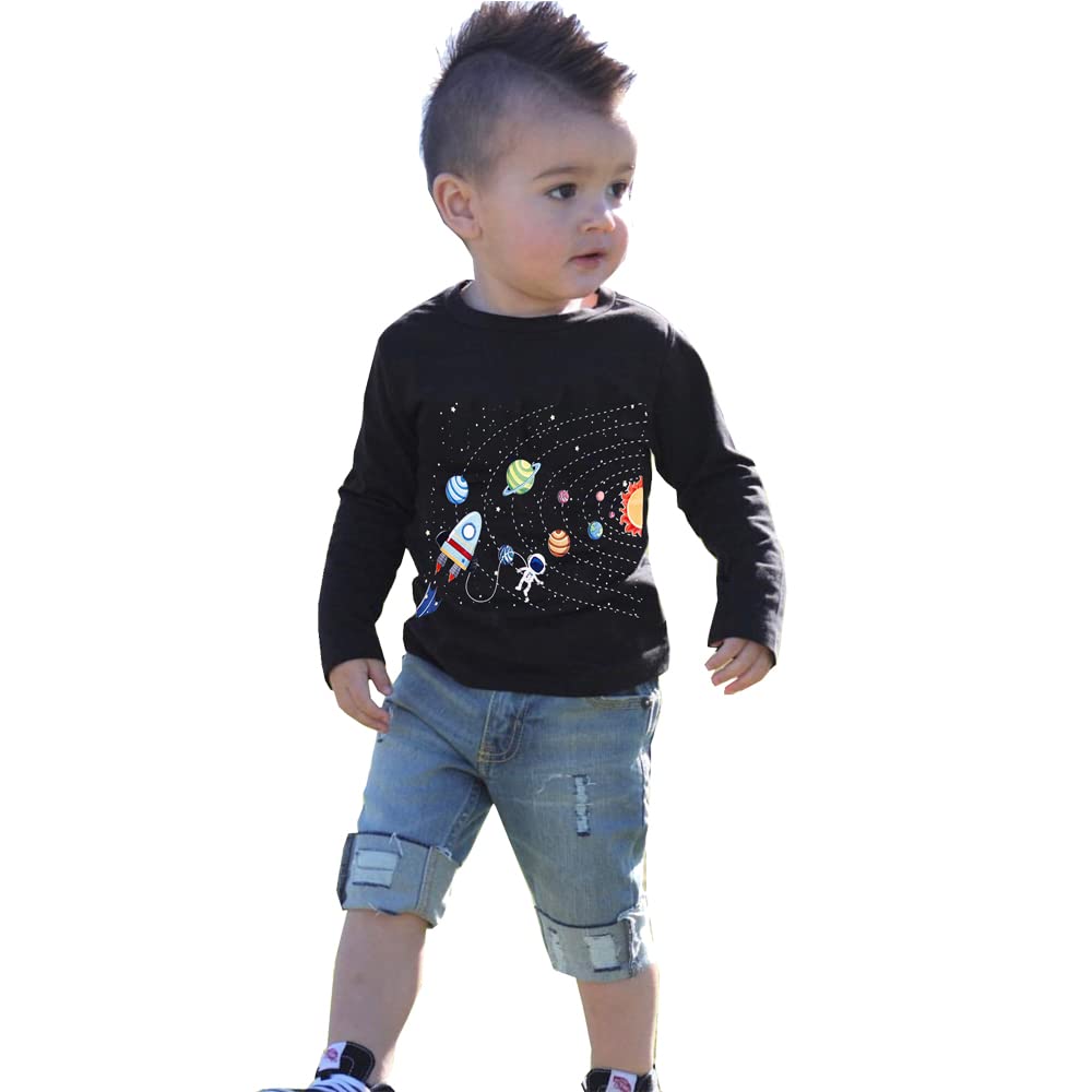 Boys Space Planet Shirts Toddler Boy Long Sleeve Tee Shirt Cartoon Sport Pullover Tops Clothes for Kids 3T