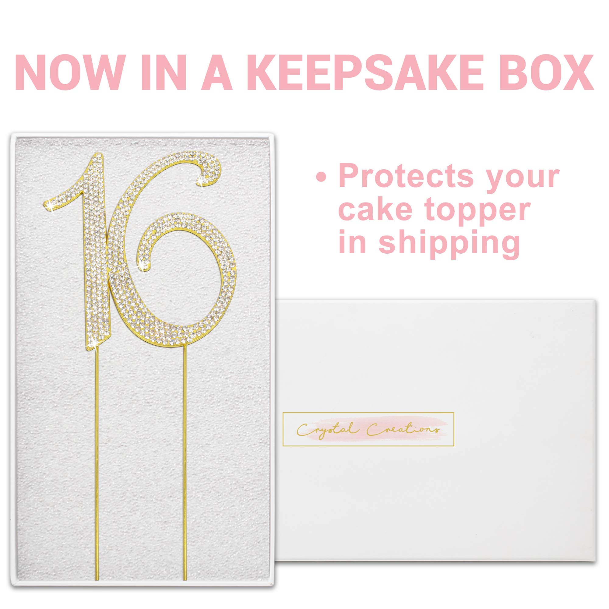 16 Cake Topper - Premium Gold Metal - Sweet 16 Birthday Party Sparkly Rhinestone Decoration Makes a Great Centerpiece - Now Protected in a Box