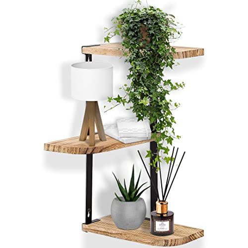 Halter Floating Corner Shelves, Wall Mounted Corner Shelves, Hanging Shelves, Floating Corner Shelves with Metal Brackets for Bathroom, Bedroom, Bookshelves and More, 3 Tier, Brown Wood