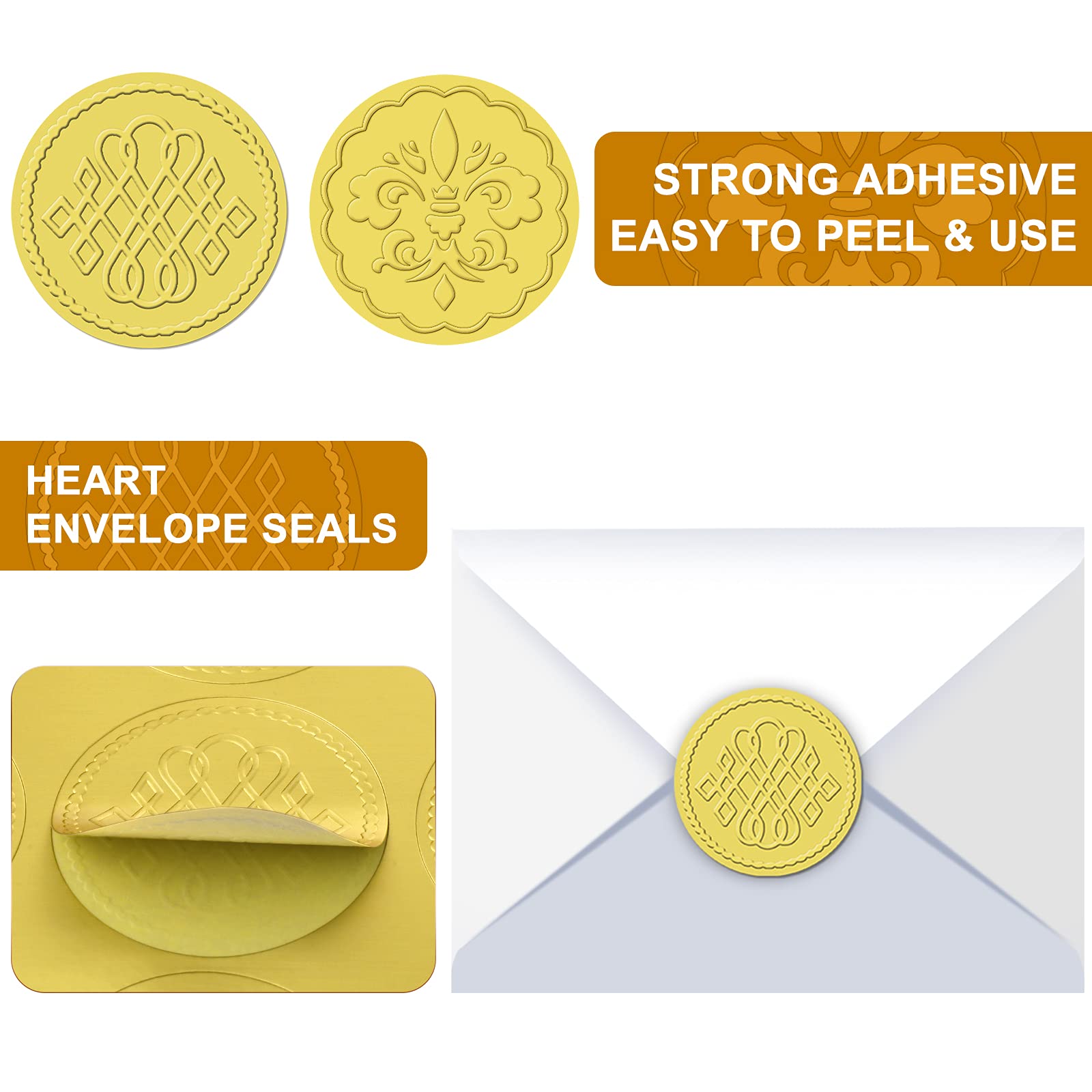 Zonon 100 Pieces Gold Embossed Wax Seals Foil Envelope Sticker Round Embossed Foil Seals Aluminum Foil Sticker Flower Pattern Certificate for Invitations Greeting Cards Party Wedding, 2 Styles
