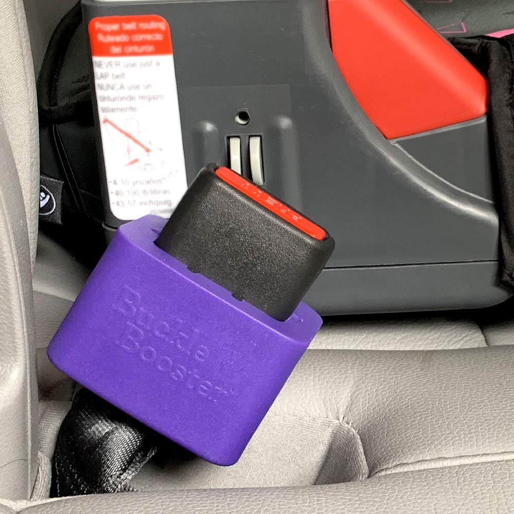 BPA-Free Car Seat Belt Buckle Booster - Keeps Your Receptacle Stable & Upright – with Kid Safety Sticker Set Gift (2-Pack, Combo Pack (1 Tall + 1 Short))