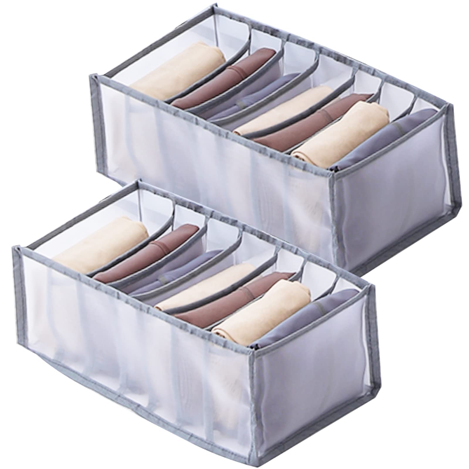 7 Grids Drawer Organizers for Clothing: Wardrobe Closet Organizers Cloth Organization for Folded Clothes Nylon Mesh Separated Compartment 2 Pack Leggings Storage Box Jeans Organizer for Bedroom Dorm Room Shelf (2Pcs: Leggings*2, Grey)