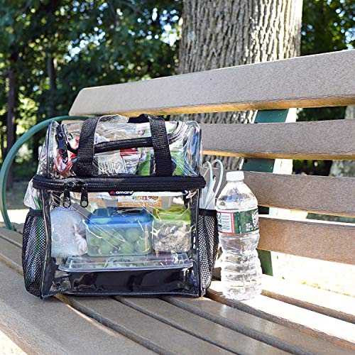 Amaro Premium 0.55mm Clear Dual Compartments Lunch Bag - Transparent Reusable Lunch Box for Adults - Ideal for Workplaces - Adjustable Shoulder Strap - Large Side Mesh Pockets