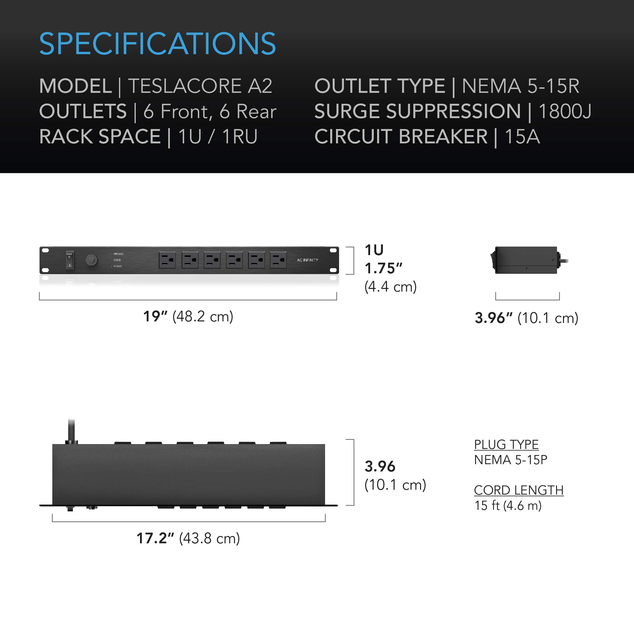 AC Infinity TESLACORE A2, Rackmount PDU with Surge Protector, 15A Circuit Breaker, 6 Front and 6 Rear Rear Outlets, 15ft Power Cord, for AV Equipment