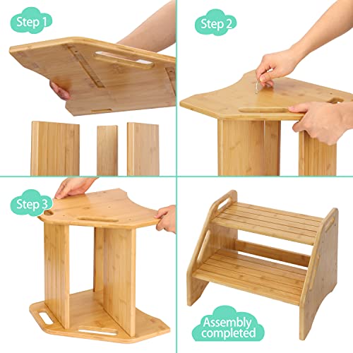 AMBIRD Wooden Step Stool, Two Step Stools Toddler 300 lbs Capacity with Safety Non-Slip Pads and Handles, Bamboo Step Stool for Bathroom, Kitchen Step Stools Dual Height Step Stools for Kids (Natural)
