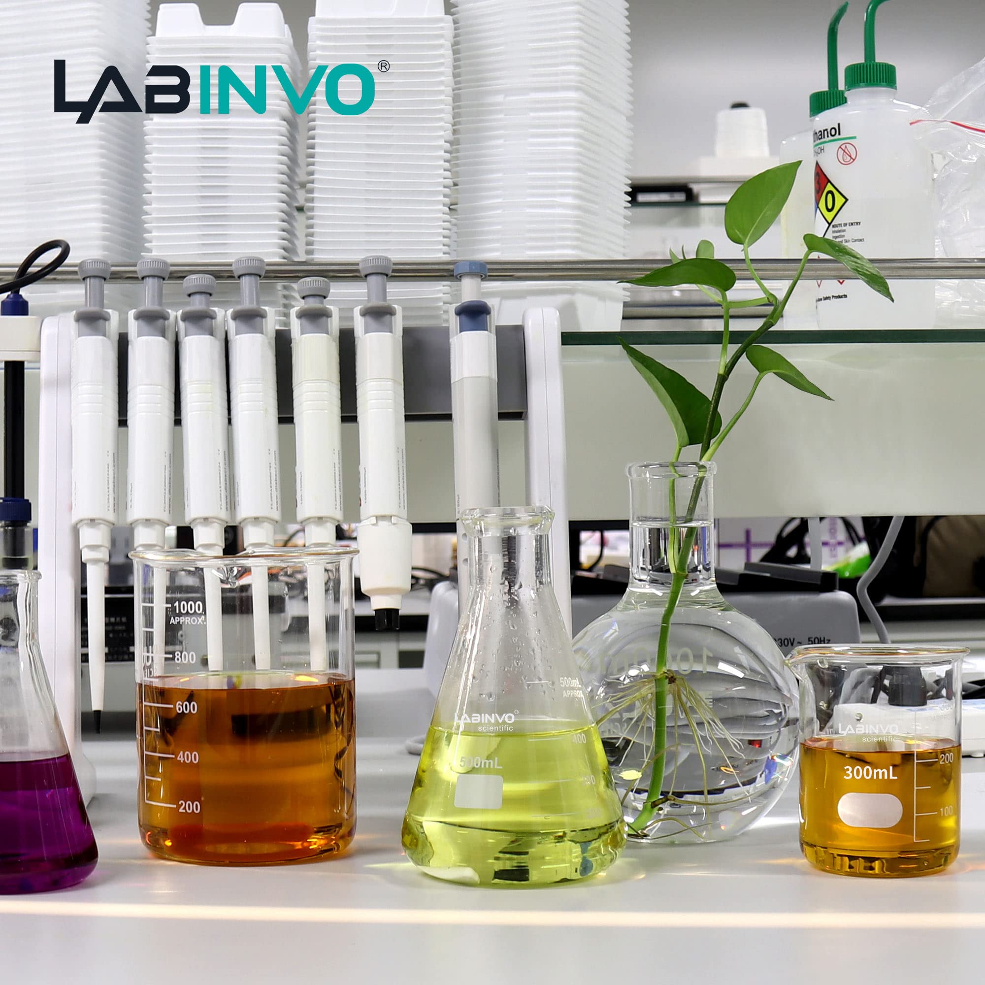 LABINVO 500ML Glass Erlenmeyer Flask, Narrow Mouth Graduated Conical Flask with Marking Spot, 6pcs of 3.3 Borosilicate Glass Flask Set, IN-EFN500
