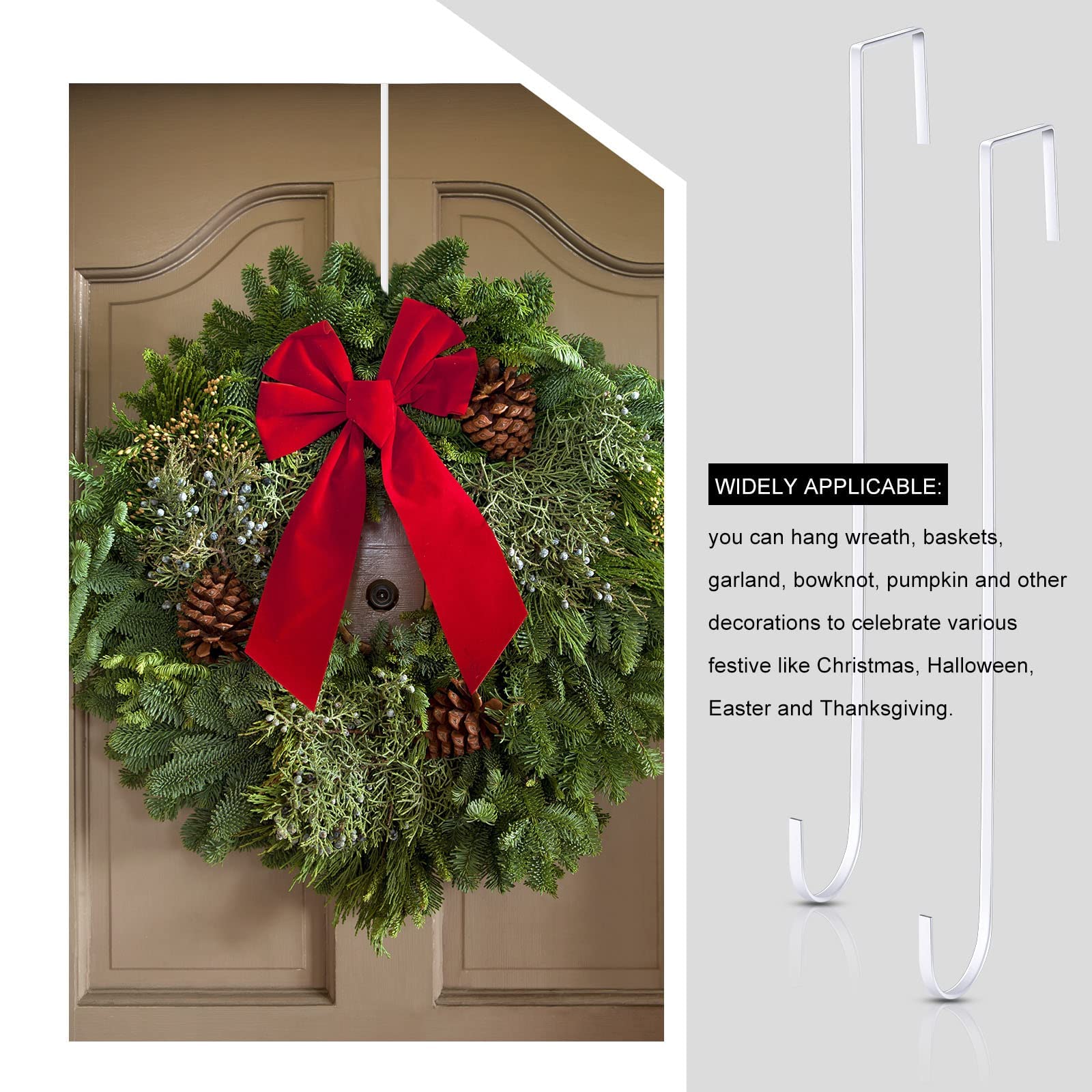 15 Inch Wreath Hanger Hooks Over Door Metal Hooks Practical Clothes Towel Hanger Hooks for Christmas Front Door Decorations (White,4 Pieces)