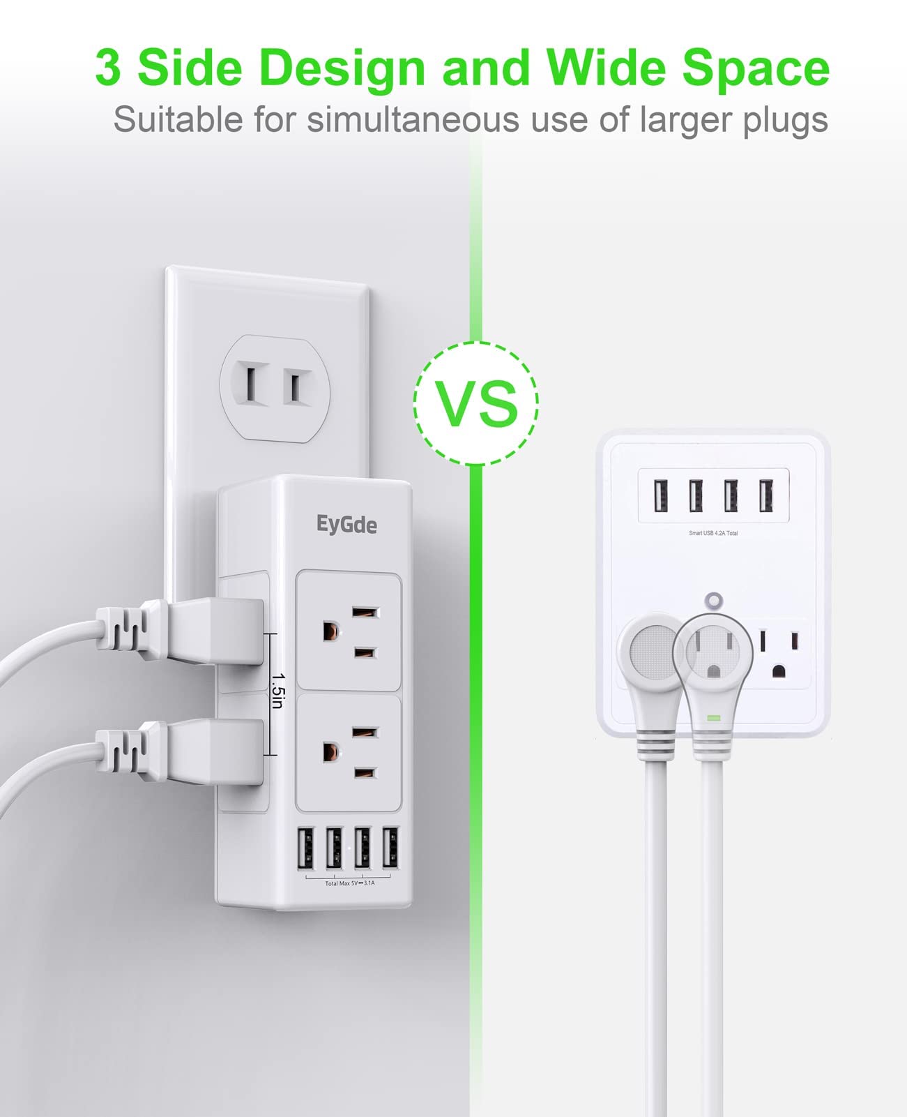 2 Prong Power Strip with Rotating Plug, EyGde Multi Plug Outlet Extender, Multiple Outlet Splitter(3 Sided 6 Sockets) and 4 USB Ports, Wall Adapter Surge Protector (1700J) for Travel, Office, White