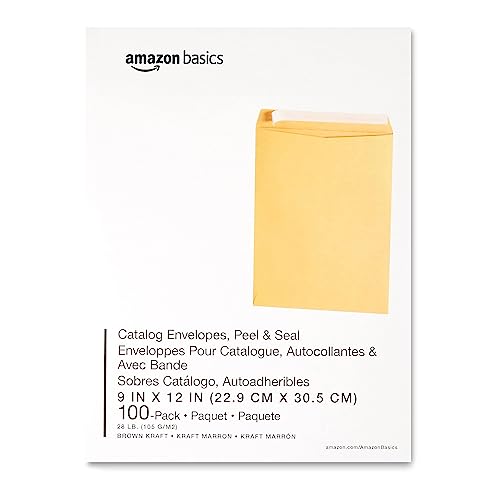 Amazon Basics Catalog Mailing Envelopes, Peel & Seal, 9x12 Inch, Brown Kraft, 100-Pack