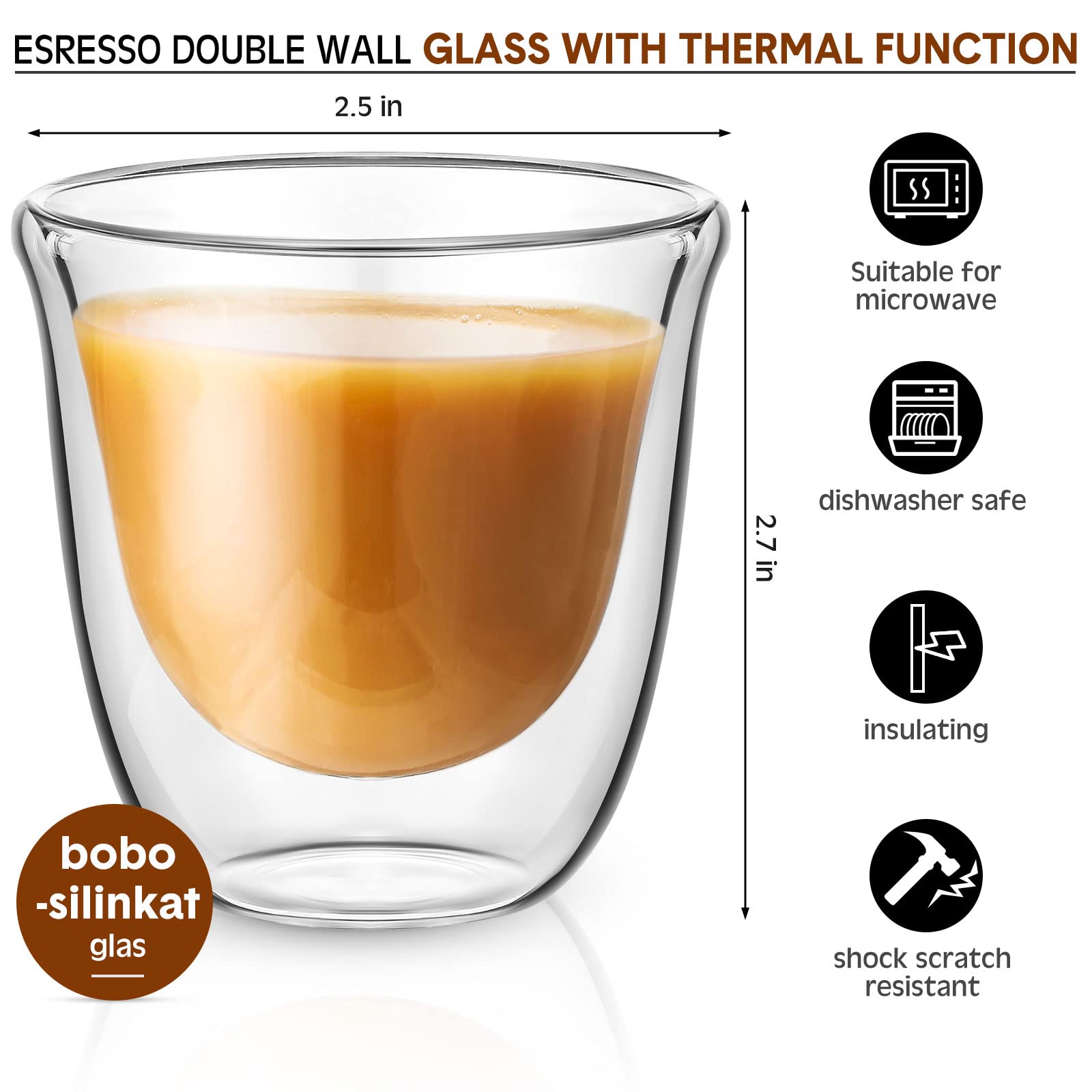 2 oz Espresso Glass Cups Set of 8, Double Wall Espresso Shot Glasses Clear Insulated Coffee Mug for Espresso Cappuccino Latte