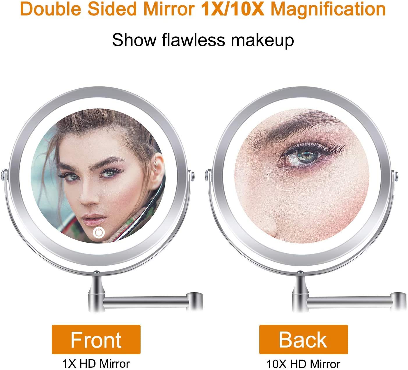 Wall Mounted Makeup Mirror, 1X 10X Magnification 360 Degree Rotation Double Sided Led Lighted Vanity Mirrors for Bathroom AC Adapter or Battery Operated
