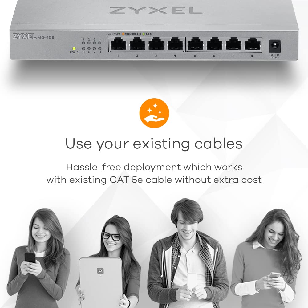 Zyxel 8-Port 2.5GbB MultiGig Ethernet Unmanaged Switch | 8 x 100/1G/2.5G Mbps Ports | Plug & Play | Metal Housing | Desktop or Wall-Mount | Ethernet Splitter MG-108