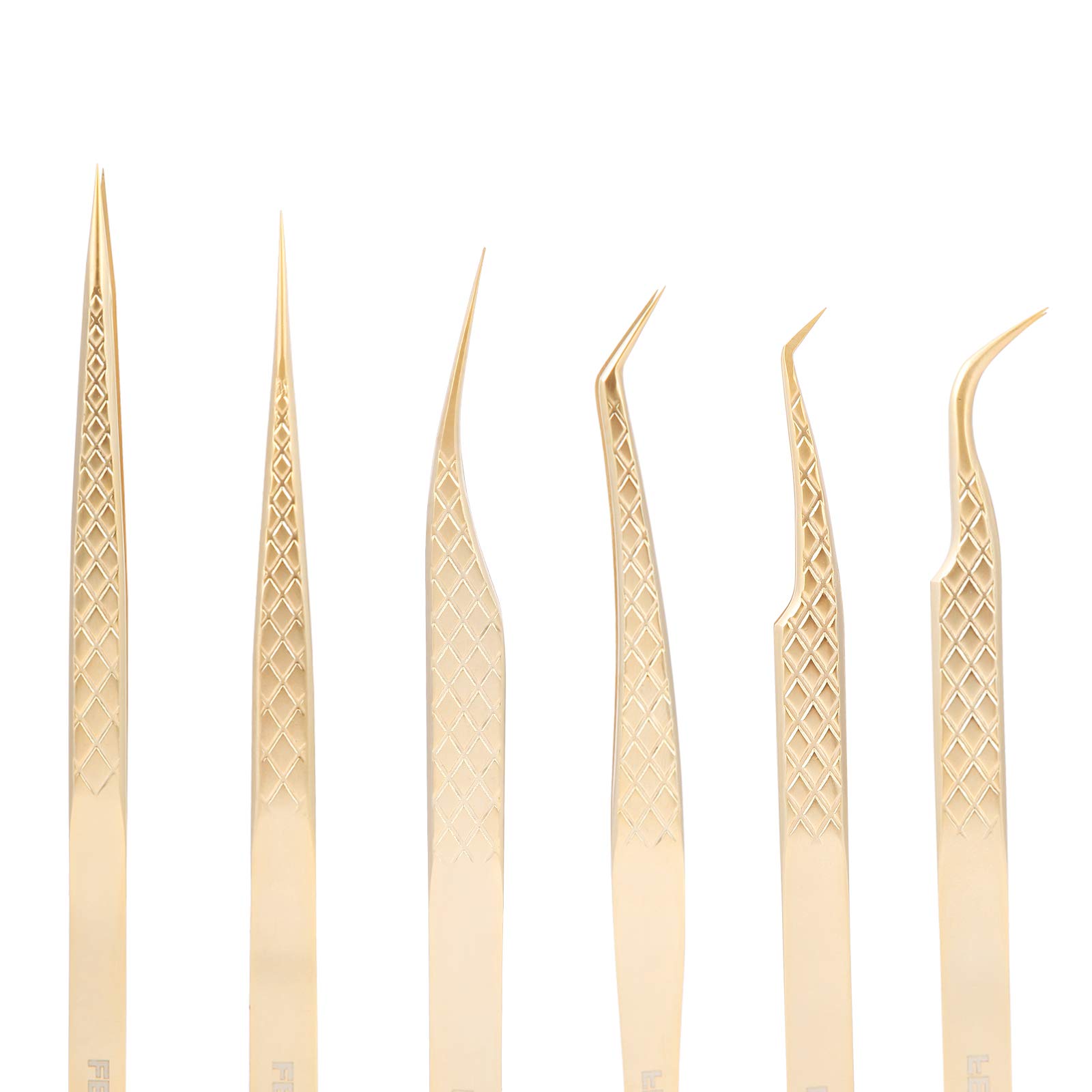 FEITA Eyelash Extension Tweezer Set Gold Lash Applicator Tool - Precision Lashes Diamond Grip Tweezers for 2D-6D Volume & Individual Eyelashes Extensions Supplies (6Pcs)